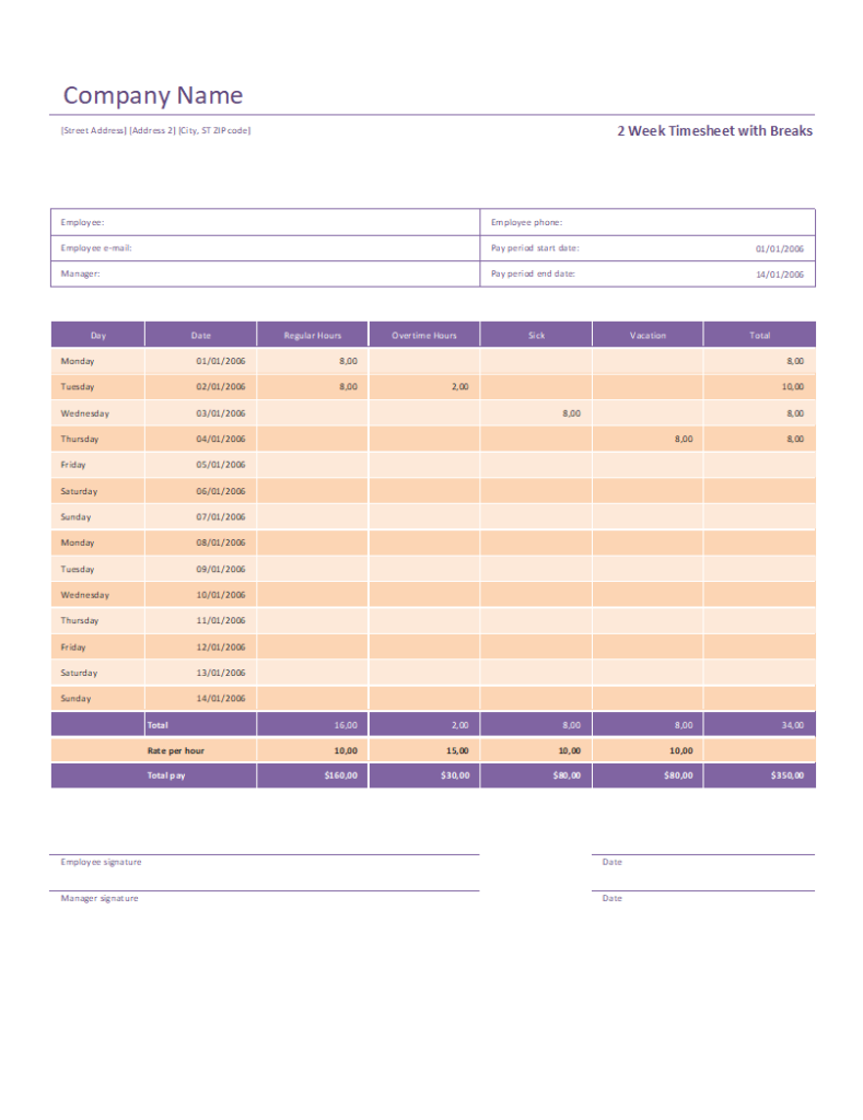 Free Printable 2-Week Timesheet Template
