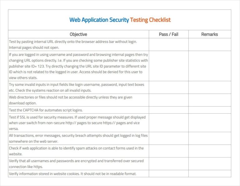 Application Security Checklist Template