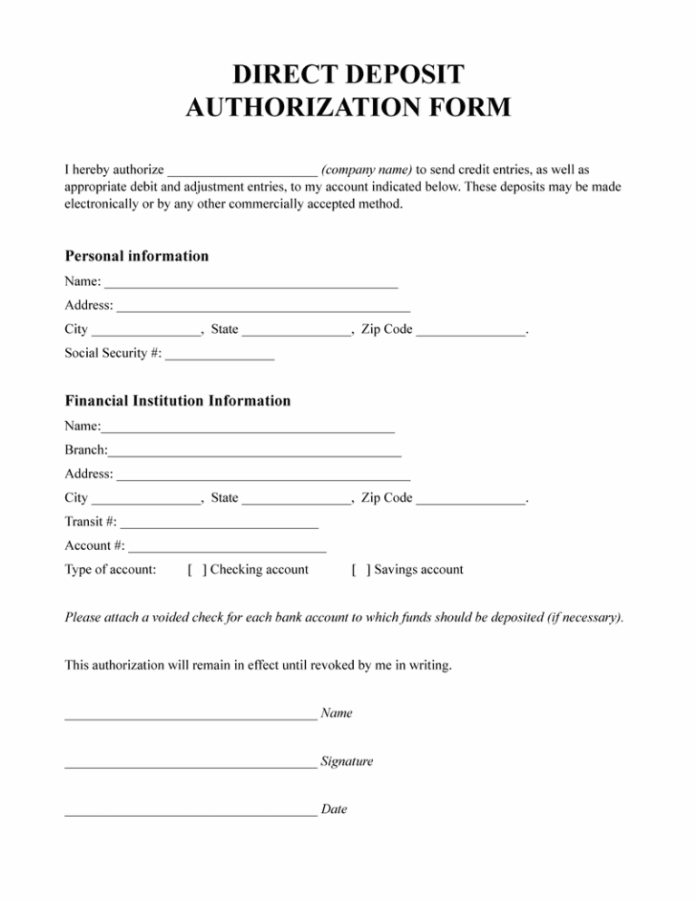 Printable Bank Direct Deposit Form