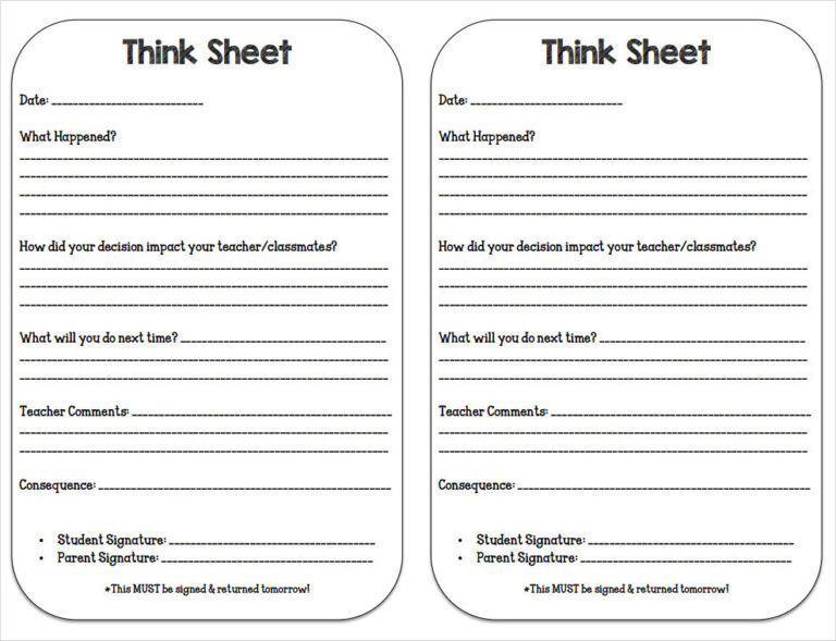 Printable Behavior Reflection Sheet Template