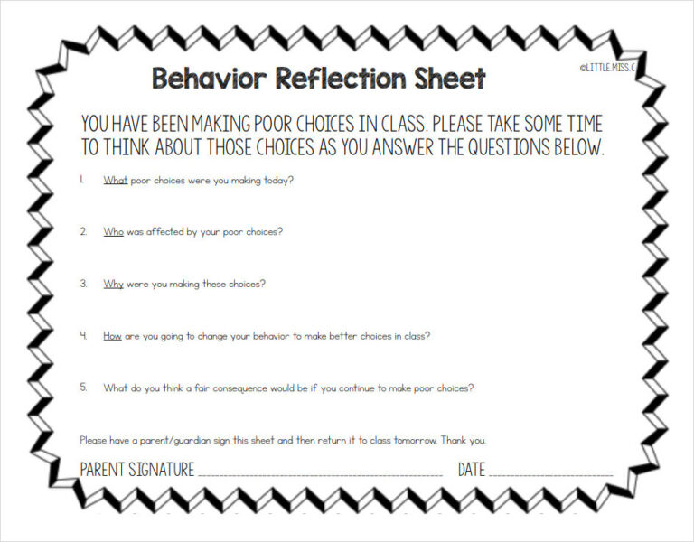 Printable Behavior Reflection Sheet Template