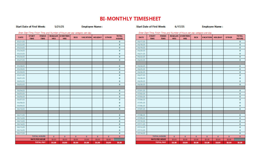 Bi-monthly Timesheet Template (Excel)
