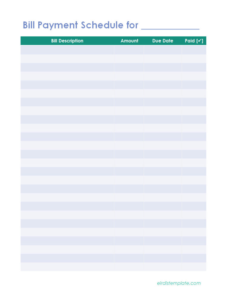 Printable Bill Payment Schedule Template