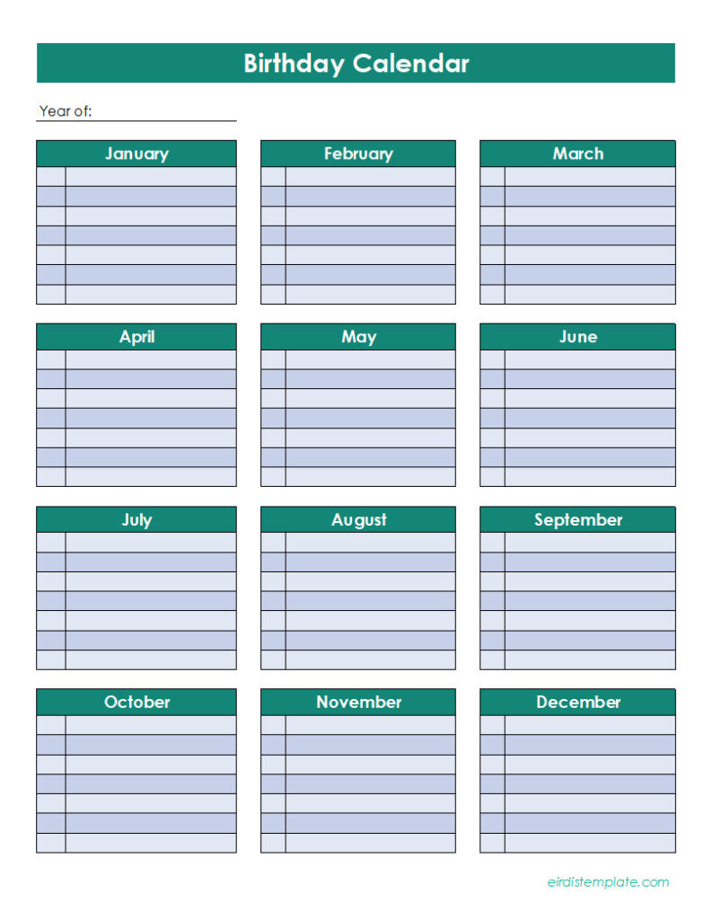 Free Printable Birthday Calendar Template