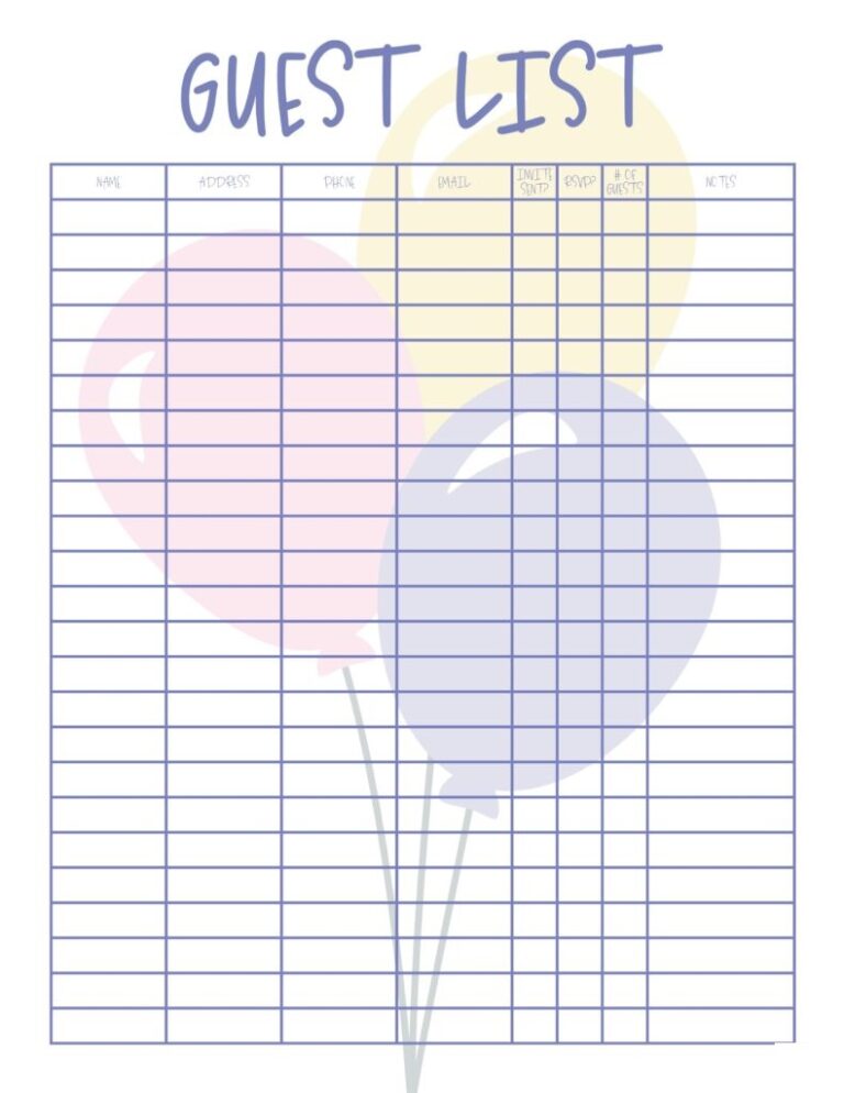 Birthday Party Guest List Template