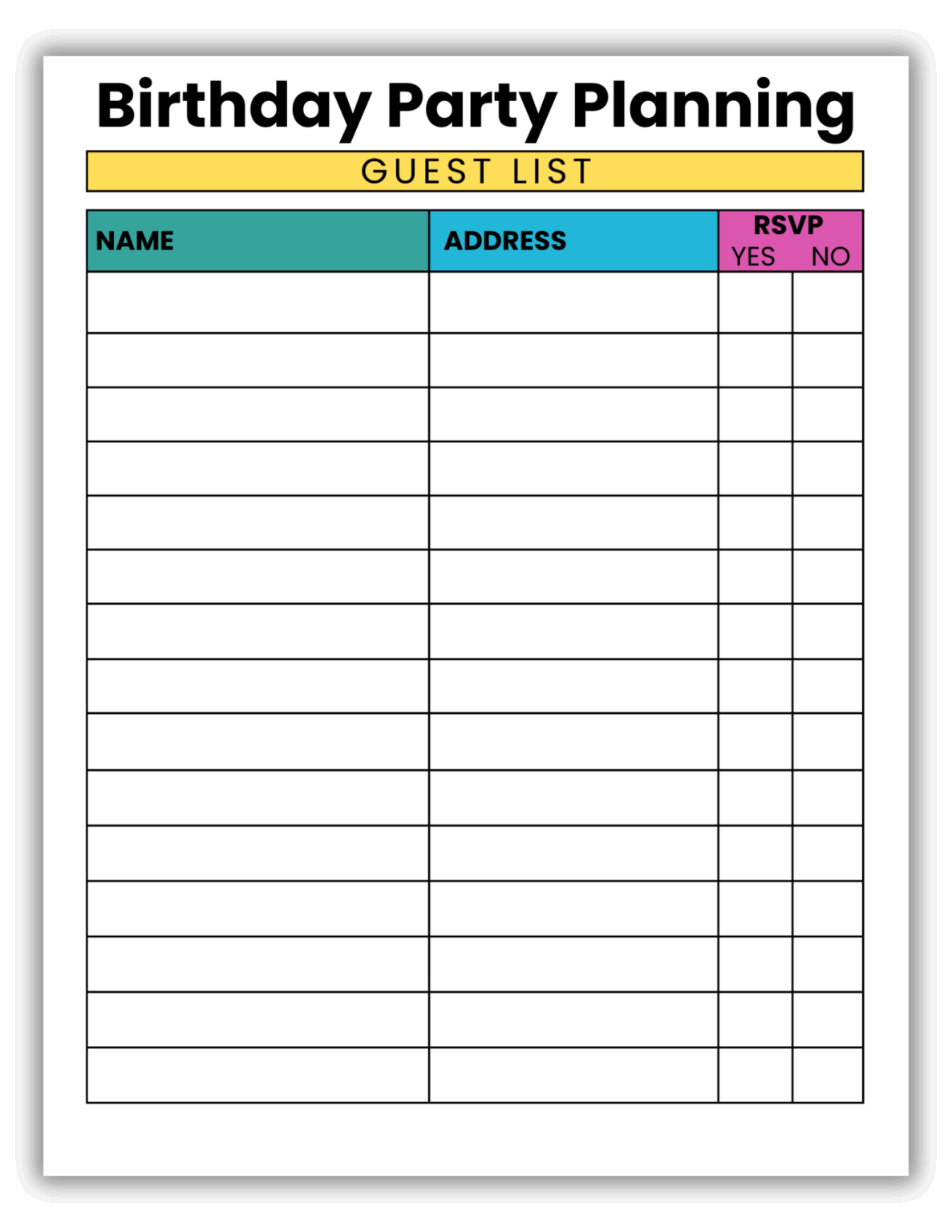 Birthday Party Guest List Template