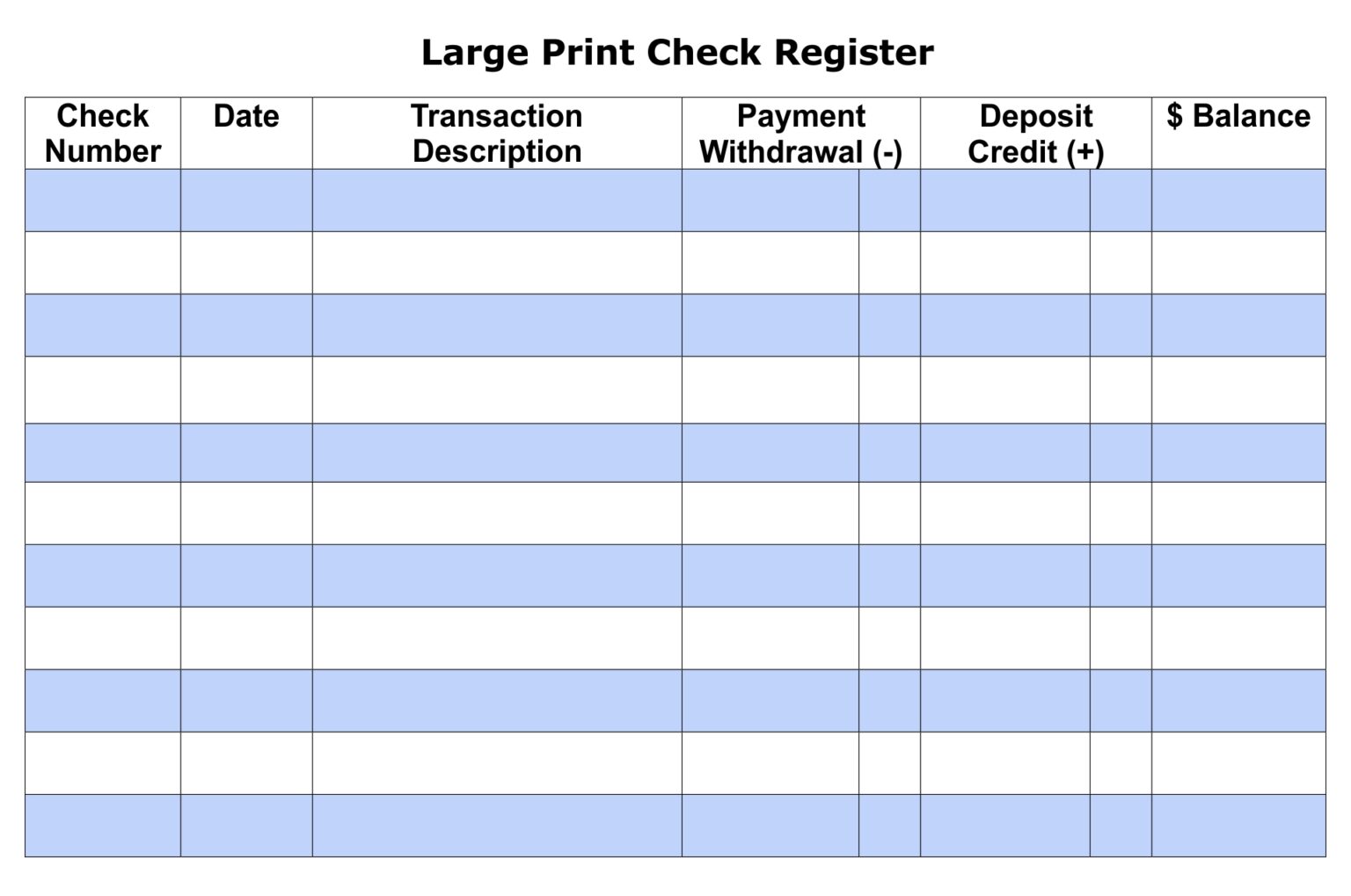 Printable Blank Check Register Template