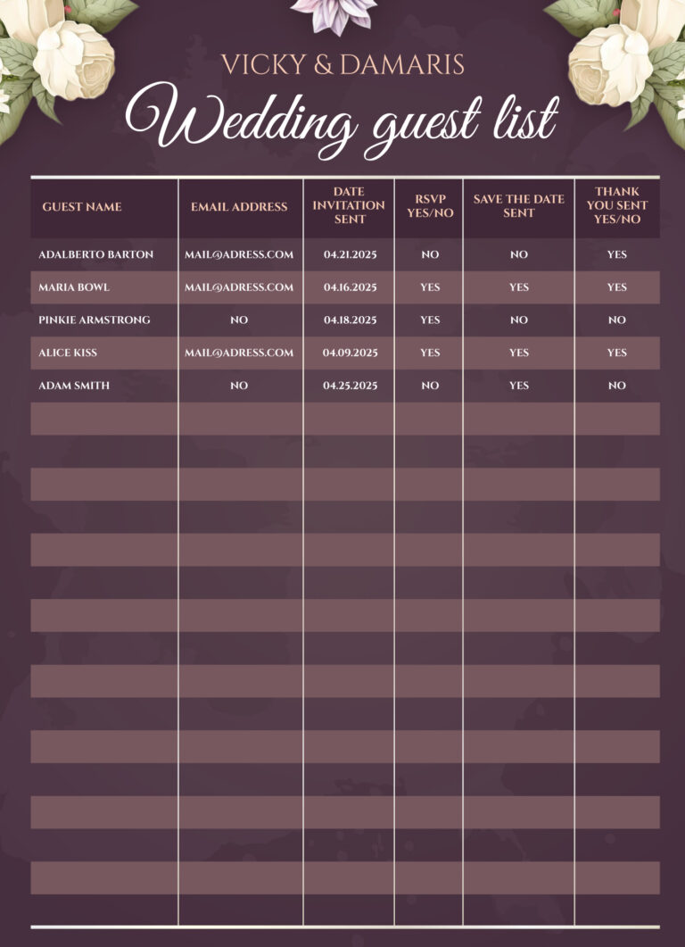 Bridal Shower Guest List Template
