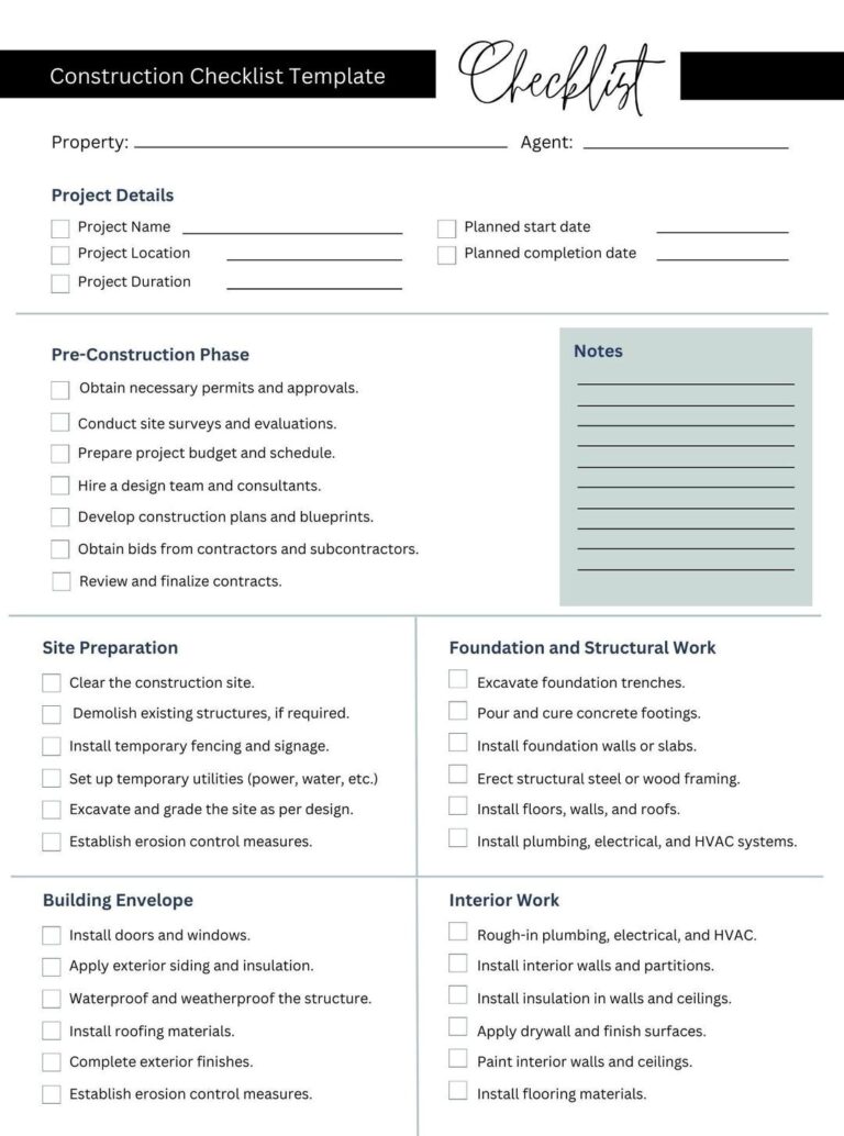 Printable Building Checklist Template