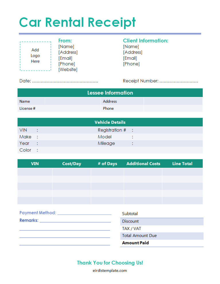 Printable Car Rental Receipt Template
