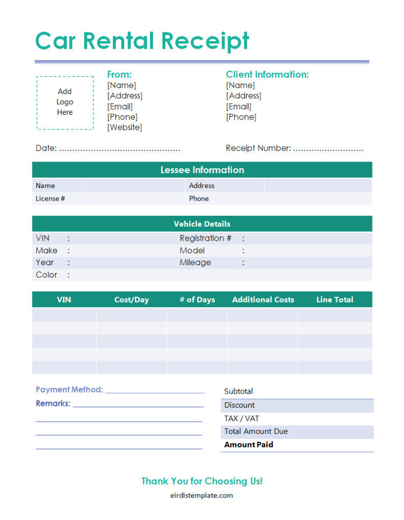 Printable Car Rental Receipt Template