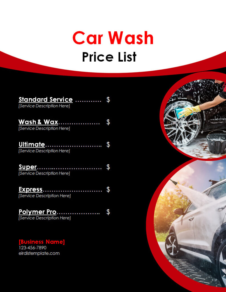 Printable Car Wash Price List Template (Word)