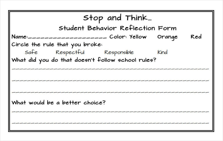 Printable Behavior Reflection Sheet Template