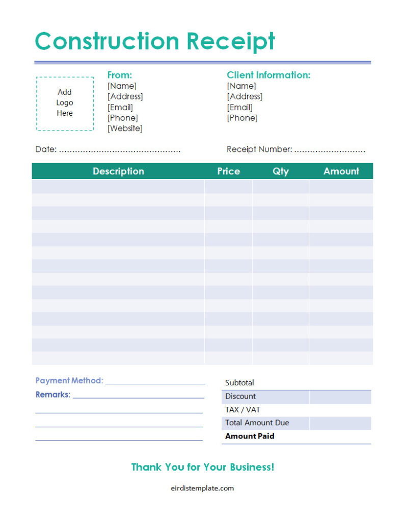 Printable Construction Receipt Template