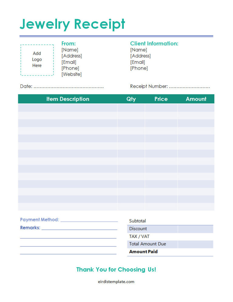 Free Printable Jewelry Receipt Template