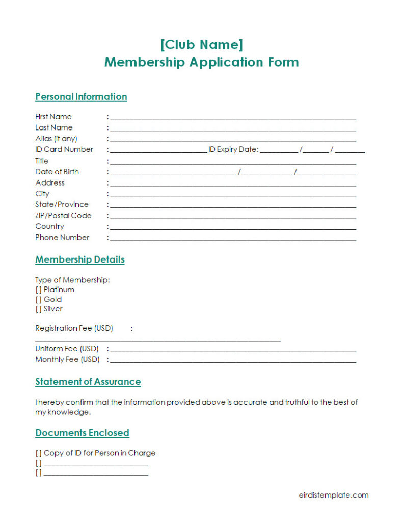 Free Printable Membership Application Form