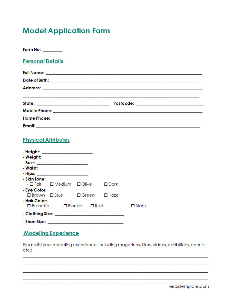 Free Printable Model Application Form Template