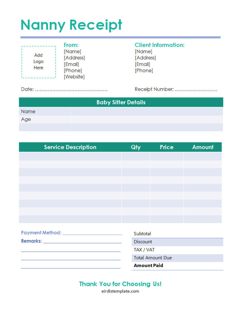 Free Printable Nanny Receipt Template