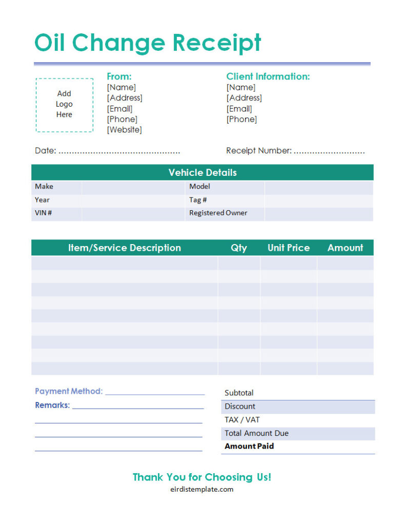 Free Printable Oil Change Receipt Template
