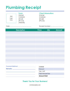 Free Printable Plumbing Receipt Template
