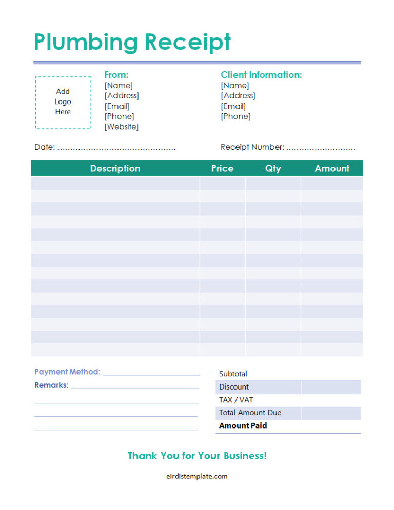 Free Printable Plumbing Receipt Template