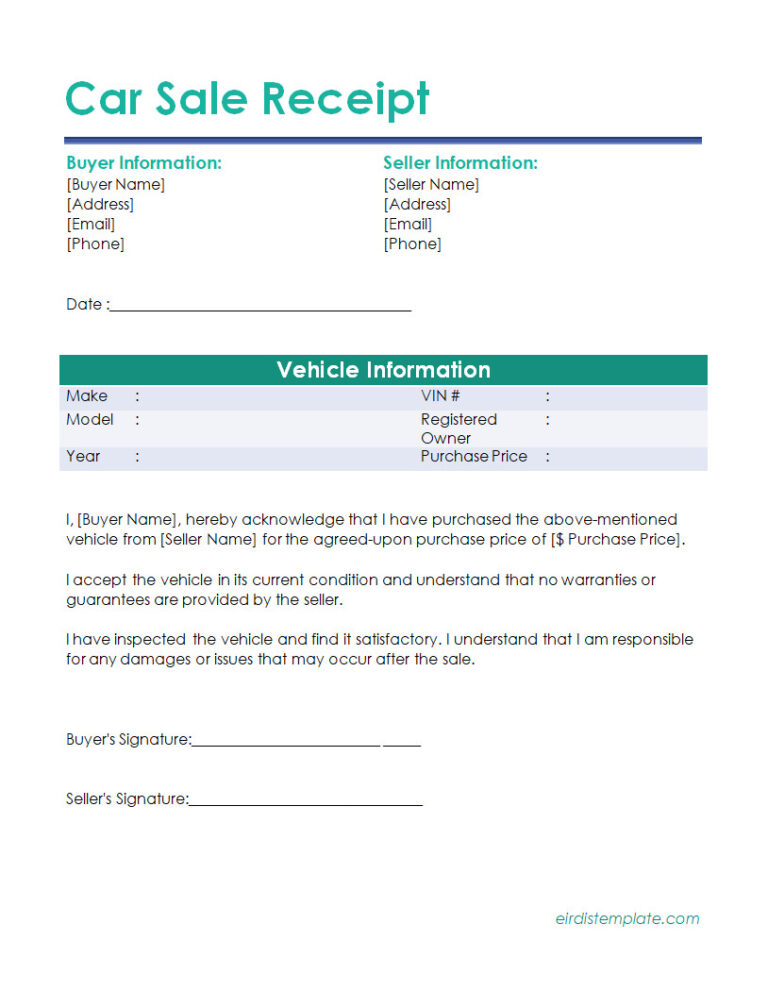 Private Car Sale Receipt Template