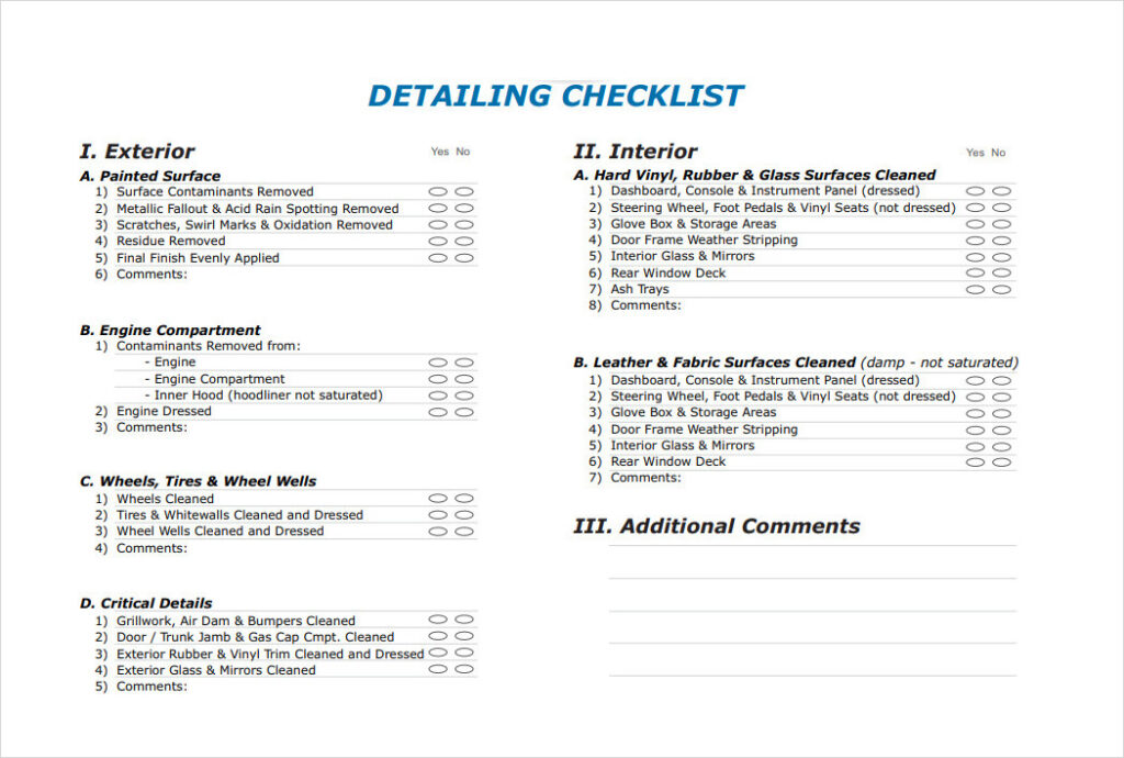 Printable Auto Detailing Checklist Template