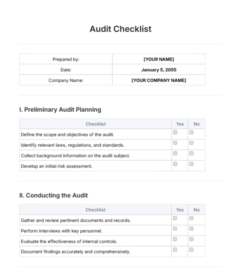 Free Printable Audit Checklist Template