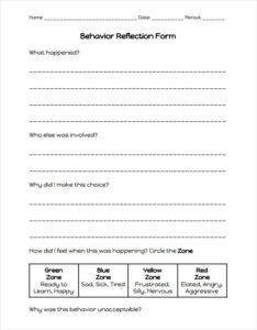 Printable Behavior Reflection Sheet Template