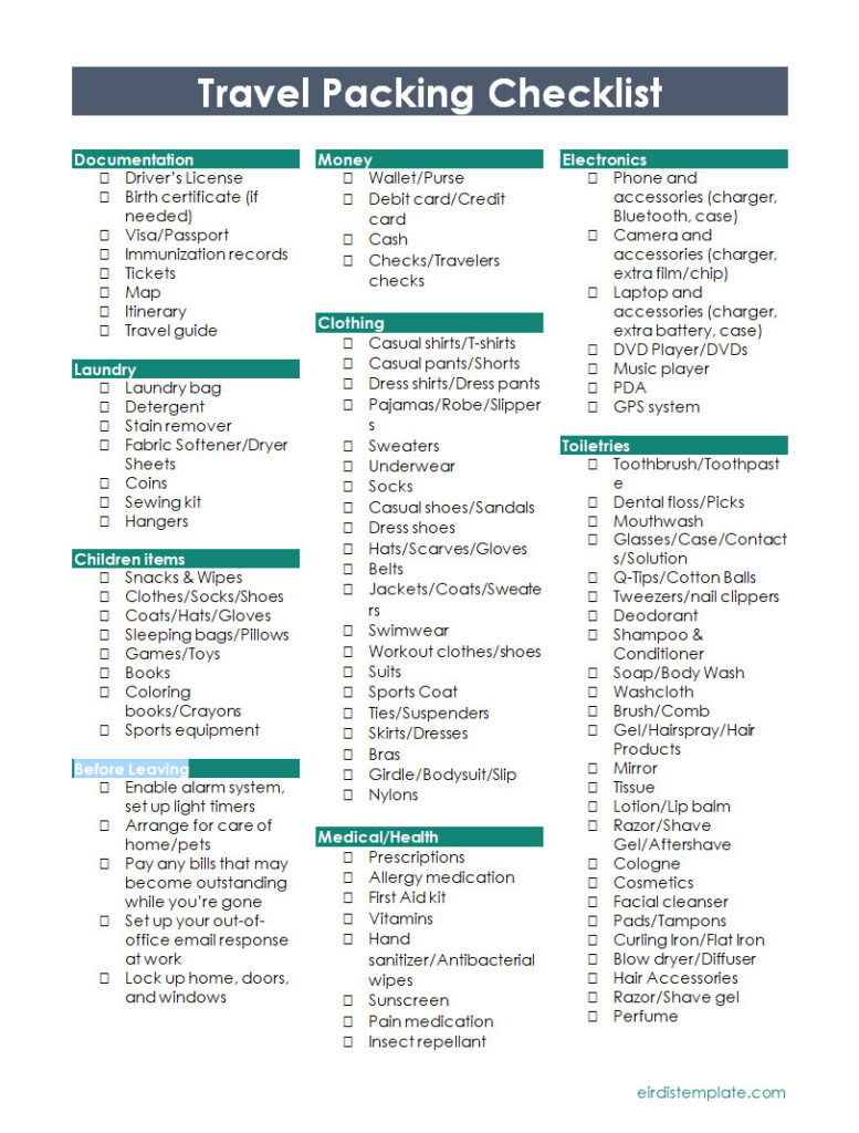 Printable Travel Packing Checklist Template