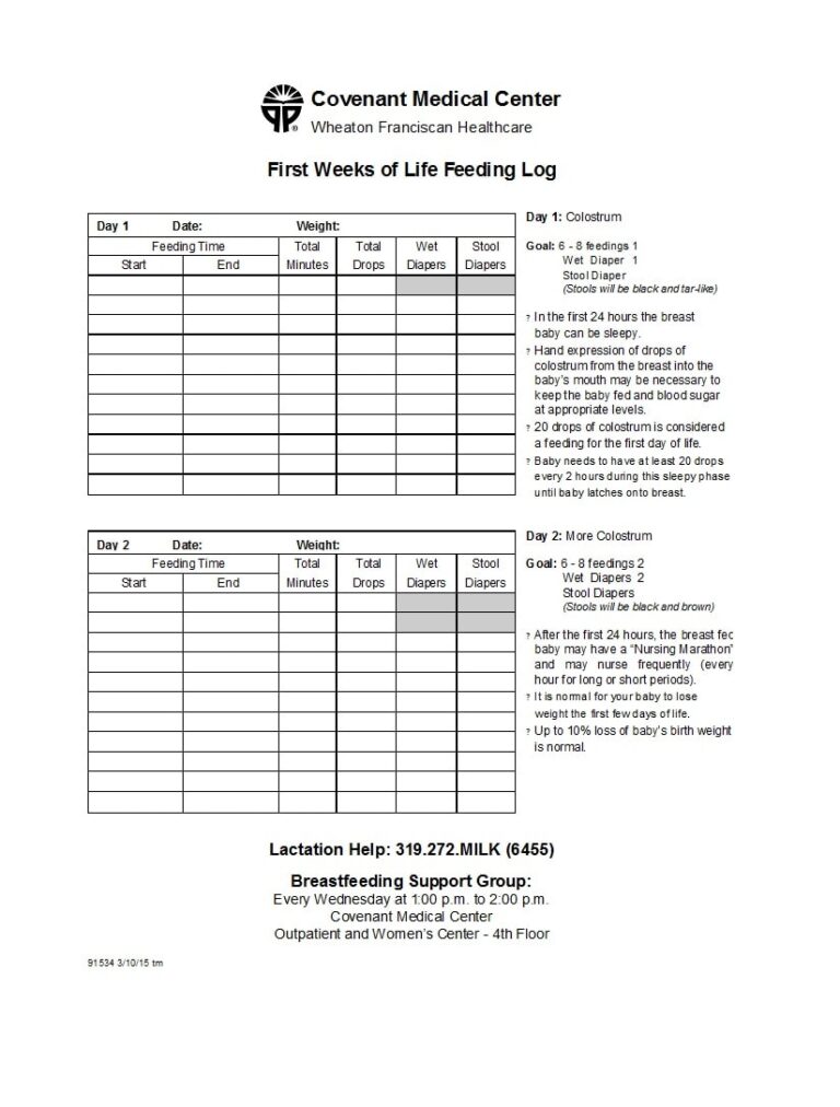 Printable Baby Feeding Chart Template